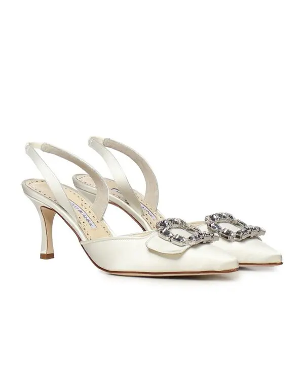 Manolo Blahnik Satin Slingback Heeled Pumps With Crystal Embellishment - Ivory