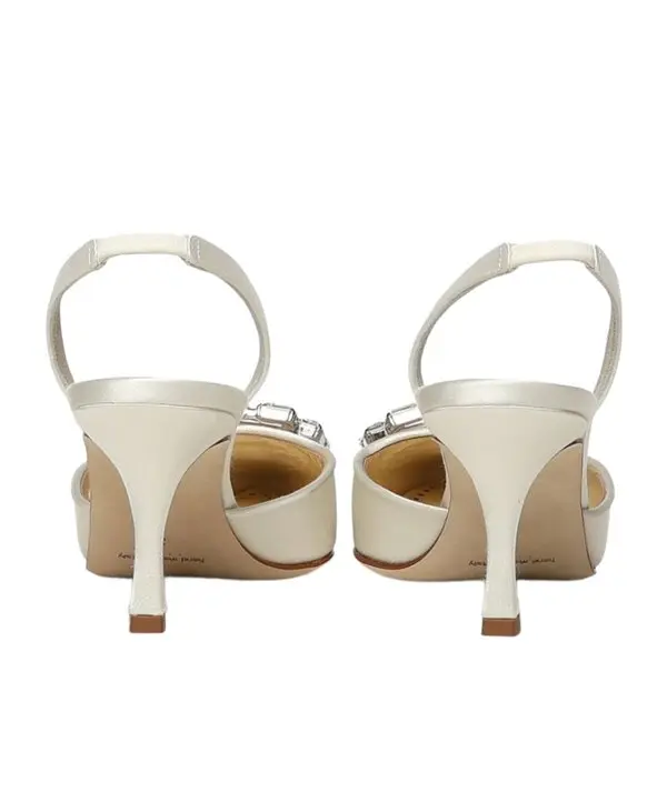 Manolo Blahnik Satin Slingback Heeled Pumps With Crystal Embellishment - Ivory