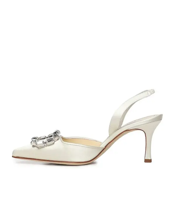 Manolo Blahnik Satin Slingback Heeled Pumps With Crystal Embellishment - Ivory