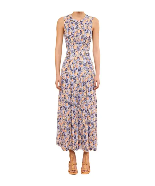 Ulla Johnson Sleeveless Floral Print Midi Dress With Pleated Skirt