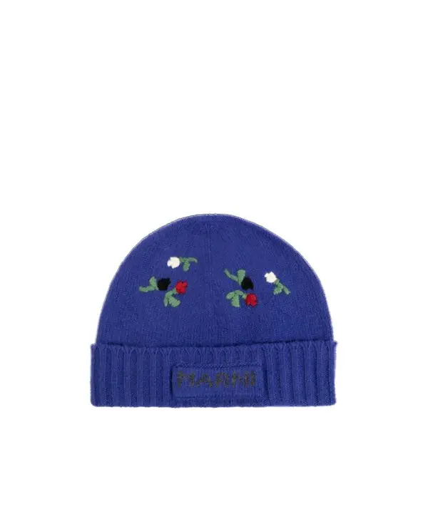 Marni Knitted Embroidered Beanie - Blue