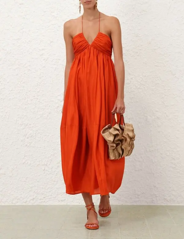Zimmermann Halterneck Maxi Dress In Silk Habutae - Mandarin