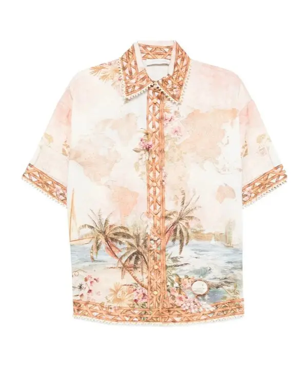 Zimmermann Island Map Print Short Sleeve Shirt - Blue Multicolor