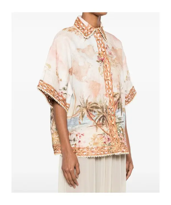 Zimmermann Island Map Print Short Sleeve Shirt - Blue Multicolor