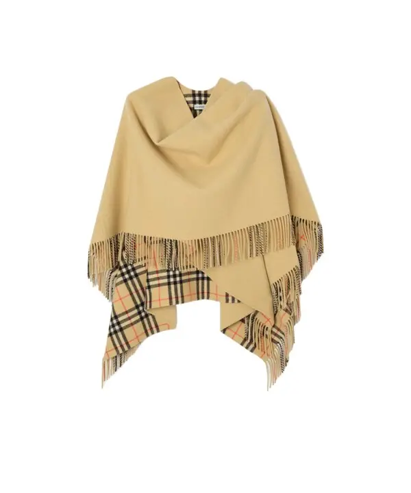 Burberry Checked Fringed Cape - Sand Beige