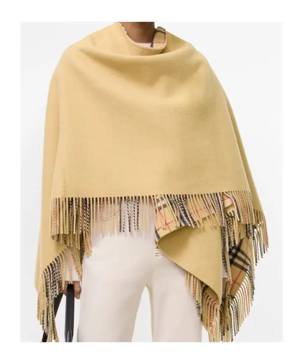 Burberry Checked Fringed Cape - Sand Beige
