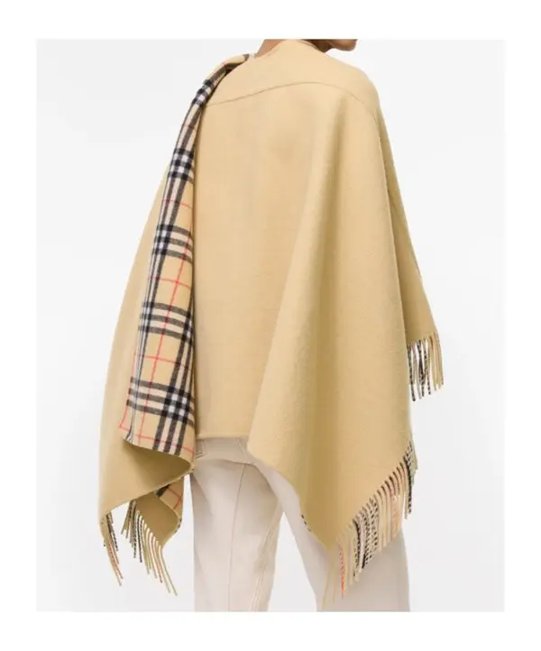 Burberry Checked Fringed Cape - Sand Beige