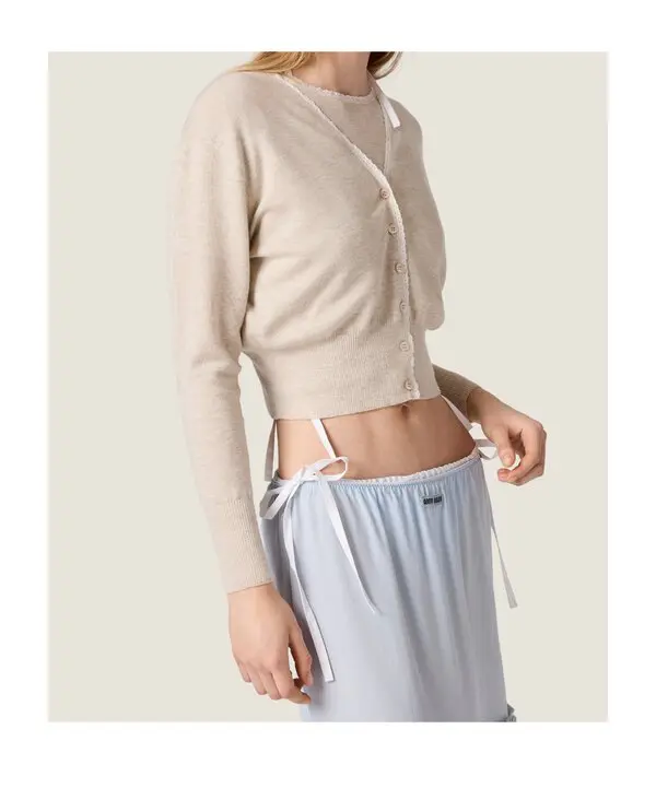 Miu Miu Cashmere Cardigan With Lace Trim And Logo