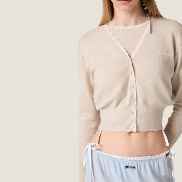 Miu Miu Cashmere Cardigan With Lace Trim And Logo