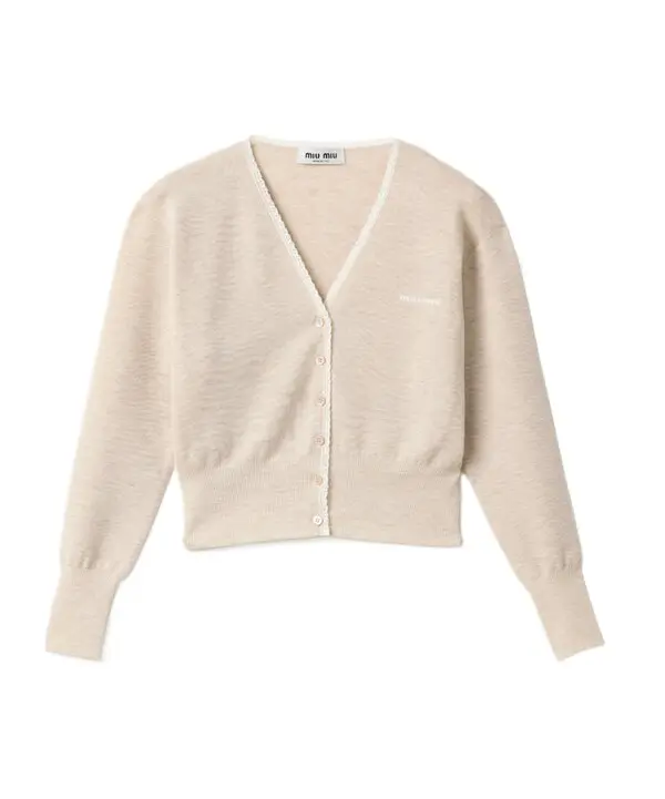 Miu Miu Cashmere Cardigan With Lace Trim And Logo - Ivory