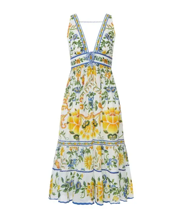 Farm Rio Floral V-neck Midi Dress With Waist Tie