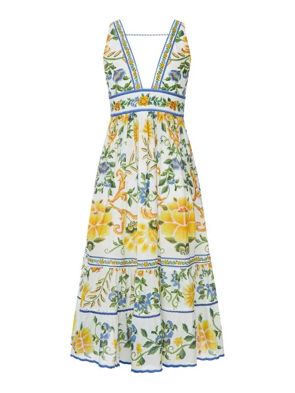 Farm Rio Floral V-neck Midi Dress With Waist Tie