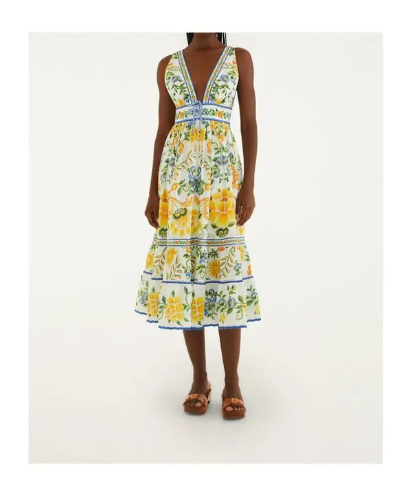 Farm Rio Floral V-neck Midi Dress With Waist Tie