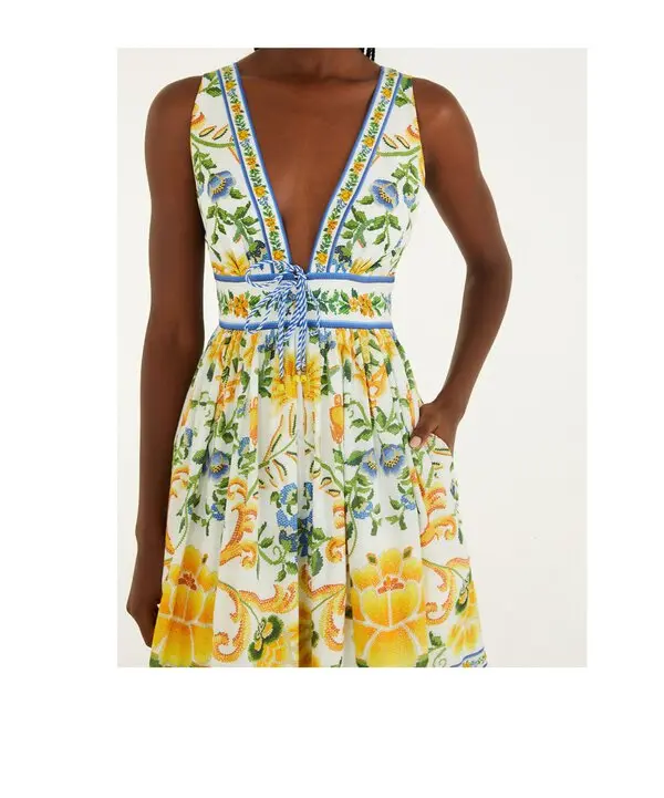 Farm Rio Floral V-neck Midi Dress With Waist Tie