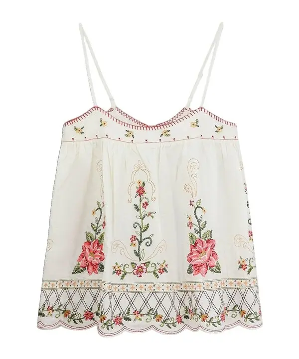 Farm Rio Embroidered Scalloped-hem Top