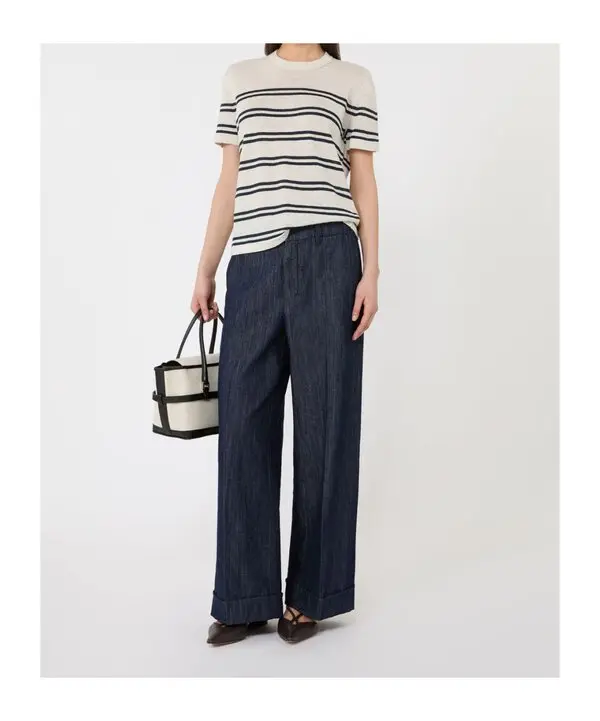 Max Mara Striped Fine Knit Short Sleeve Crewneck Pullover