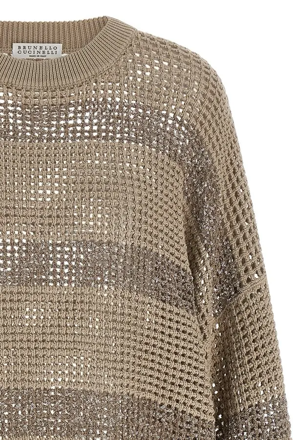 Brunello Cucinelli Striped Crewneck Sweater With Sequin Accents - Nude