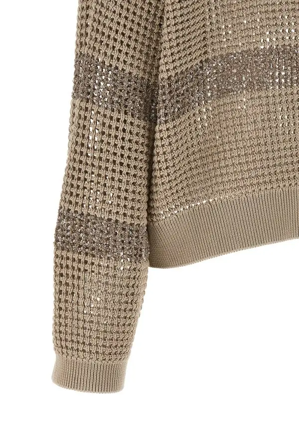Brunello Cucinelli Striped Crewneck Sweater With Sequin Accents - Nude