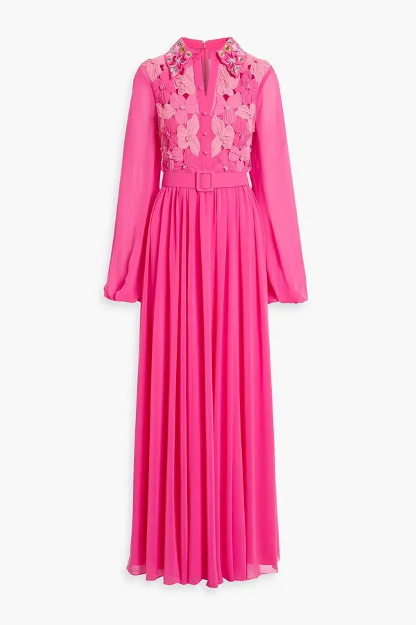 Badgley Mischka Belted Floralappliquéd Chiffon Gown - Bright Pink