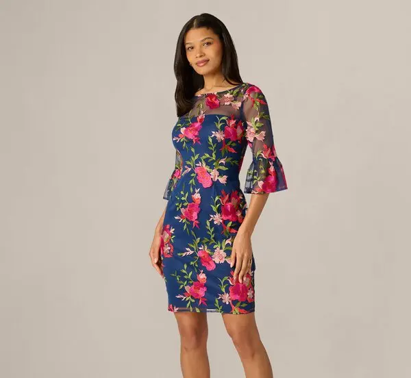 Adrianna Papell Bell Sleeve Floral Embroidered Sheath Dress - Navy/pink Multi