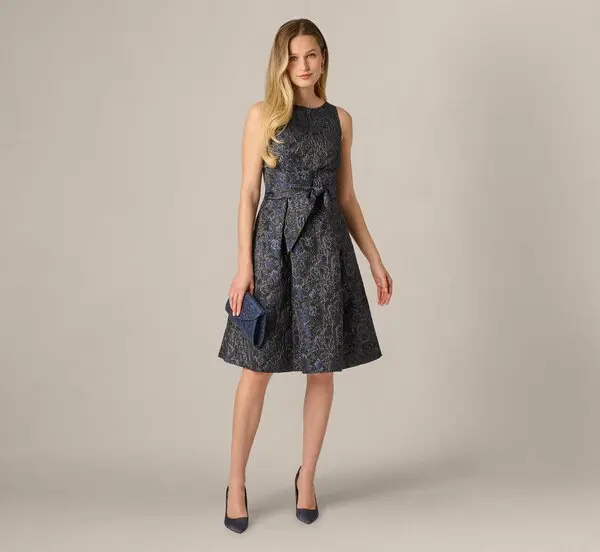 Adrianna Papell Jacquard Tie Front Fit And Flare Midi Dress - Black/navy