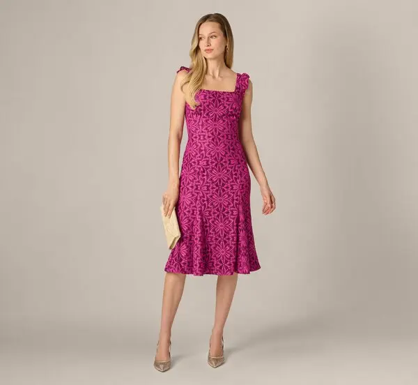 Adrianna Papell Floral Geometric Lace A-line Midi Dress - Berry Multi
