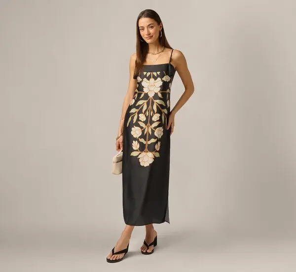 Adrianna Papell Floral Printed Satin Midi Slip Dress - Black Multi