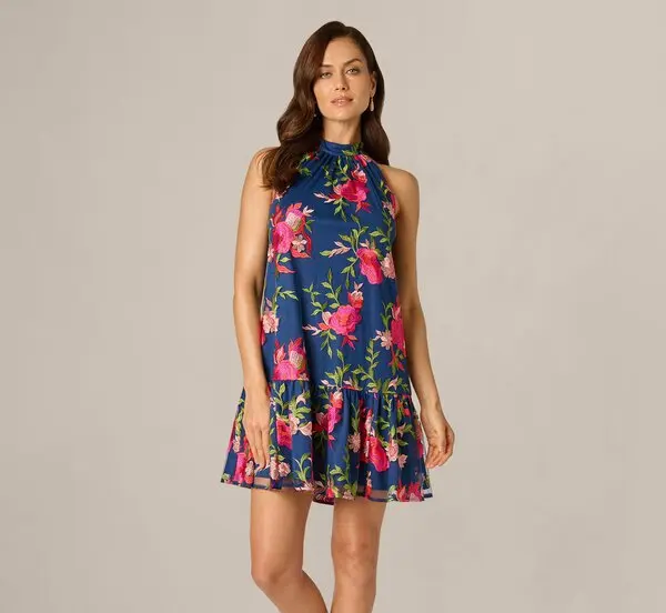 Adrianna Papell Floral Embroidered Halterneck Mini Dress - Navy/pink Multi