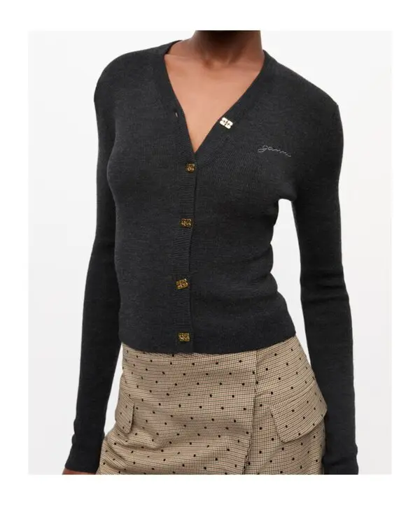 GANNI Logo Embroidered V-neck Cardigan