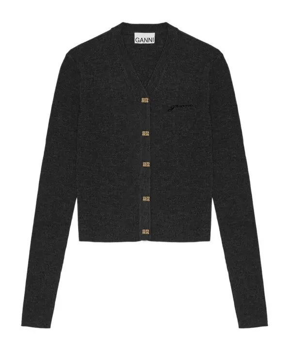 GANNI V-neck Logo Embroidered Cardigan - Phantom Black