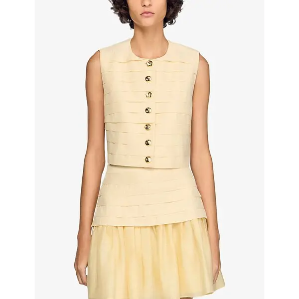 Sandro Pleated Sleeveless Cotton-blend Crop Top