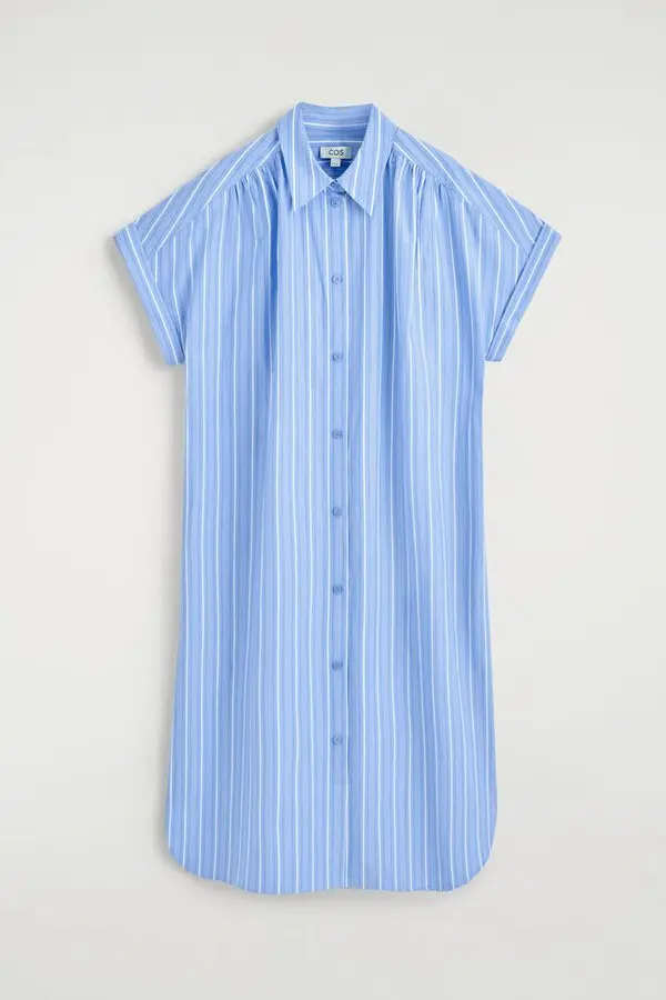 Cos Striped Cotton Shirt Dress With Short Sleeves - Blue