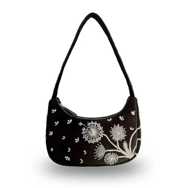 LAURA SLINGS Beaded Shoulder Bag With Dandelion Embroidery - Black