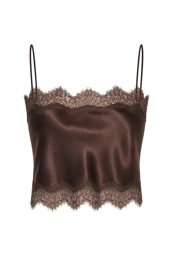 LILY ROU Chocolate Lace Trim Cropped Silk Top