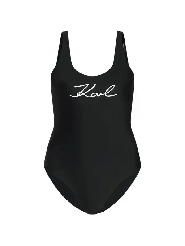 Karl Lagerfeld Signature Logo One Piece Swimsuit - Black