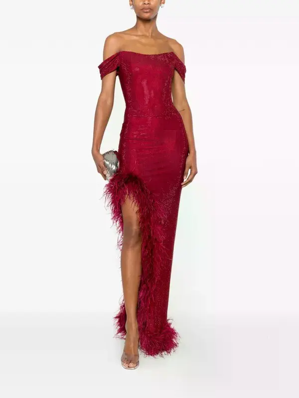MIRON Crystal-embellished Feather-trim Maxi Dress