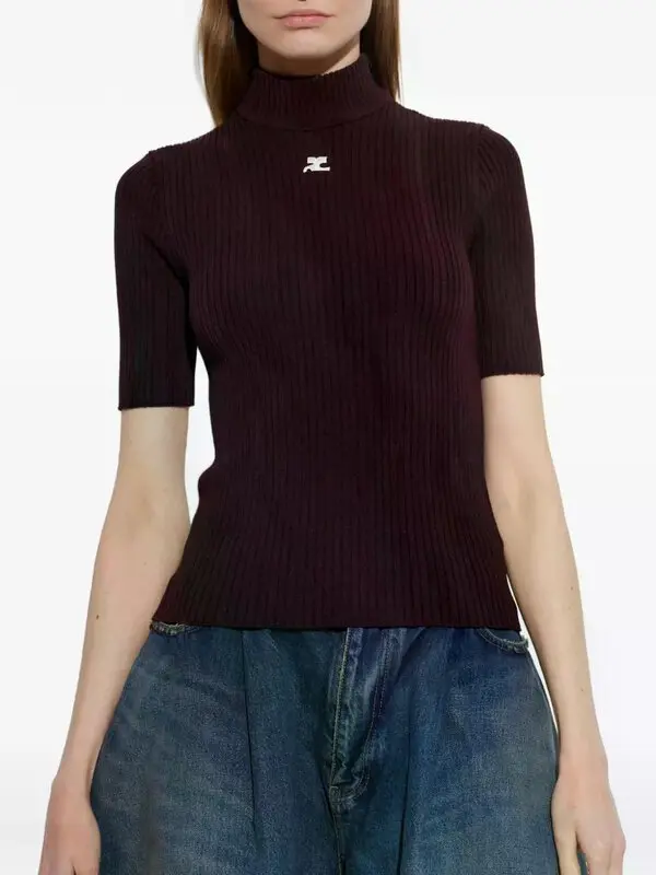 COURREGES Ribbed Logo Patch High Neck T-shirt