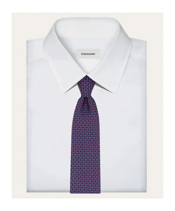 FERRAGAMO Link Print Silk Neck Tie - Navy/red