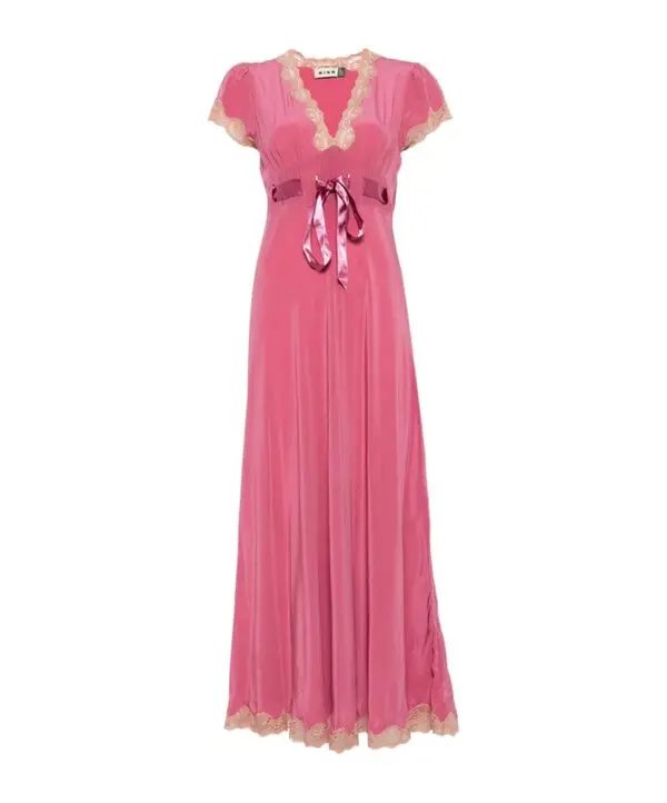 Rixo Short Sleeve V-neck Maxi Dress With Lace Trim And Tie Detail