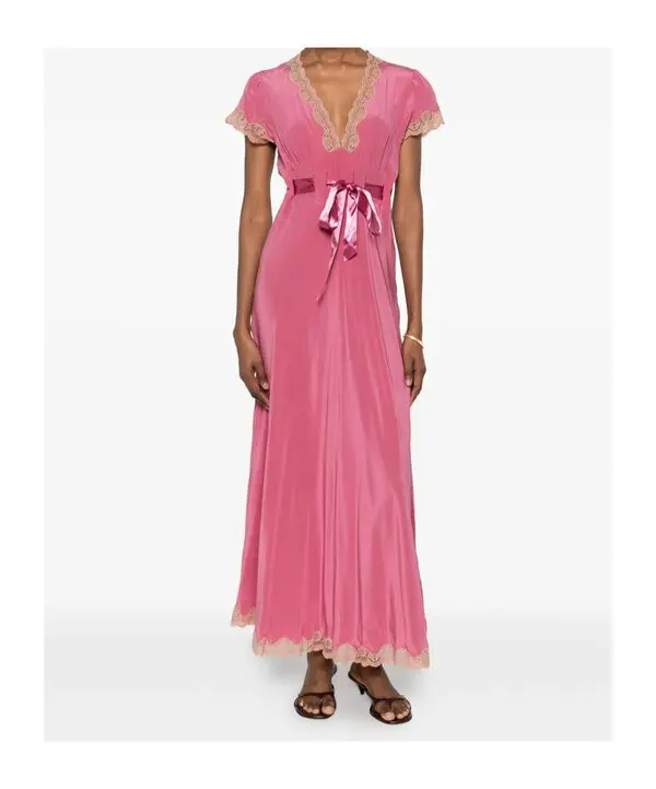Rixo Short Sleeve V-neck Maxi Dress With Lace Trim And Tie Detail