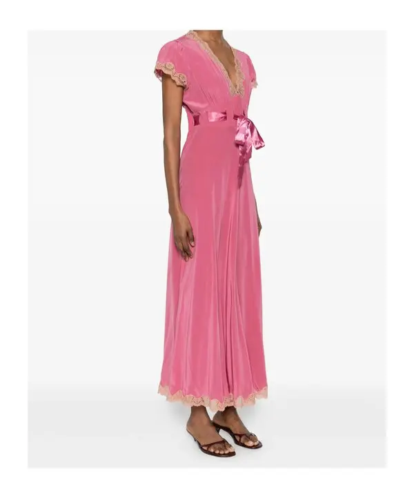 Rixo Short Sleeve V-neck Maxi Dress With Lace Trim And Tie Detail