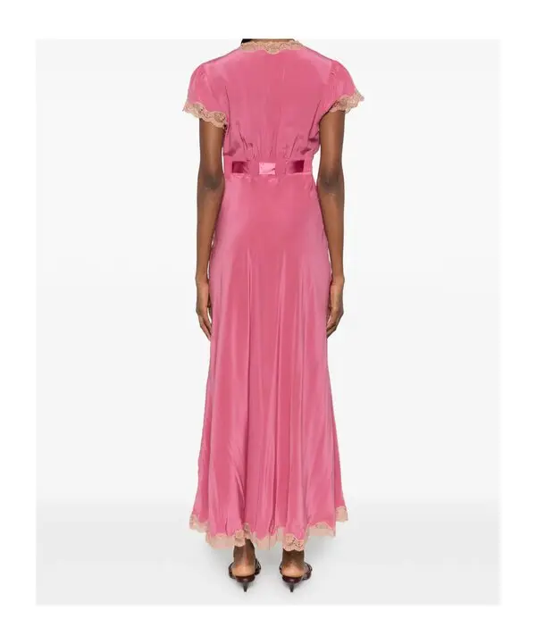 Rixo Short Sleeve V-neck Maxi Dress With Lace Trim And Tie Detail