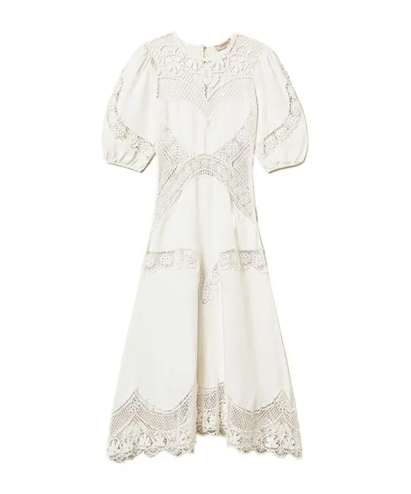 TWINSET Embroidered Lace Midi Dress With Puff Sleeves - No