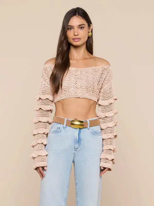 L'Agence Fey Crocheted Off-shoulder Top With Ruffle Accents
