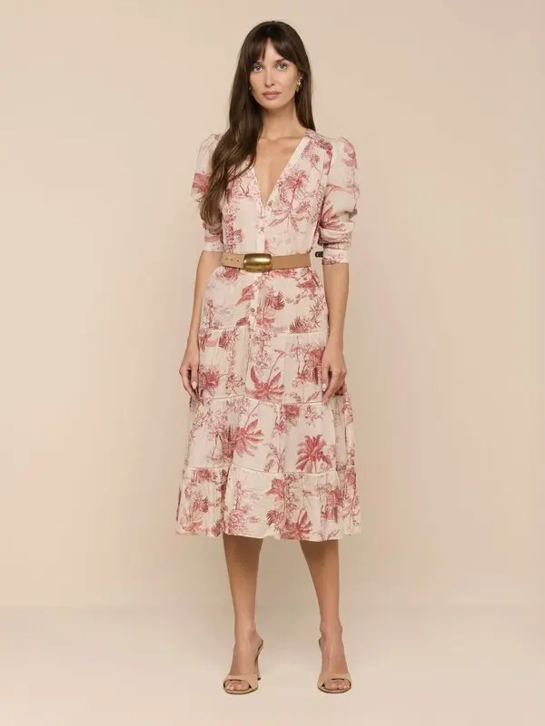 L'Agence Serafine Midi Dress Textured Jungle Print - Tan Multi Textured Jungle Toile