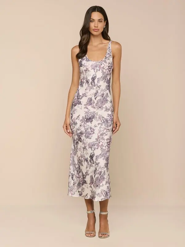 L'Agence Akiya Satin Maxi Dress With Watercolor Butterfly Print - Vintage White Watercolor Butterfly