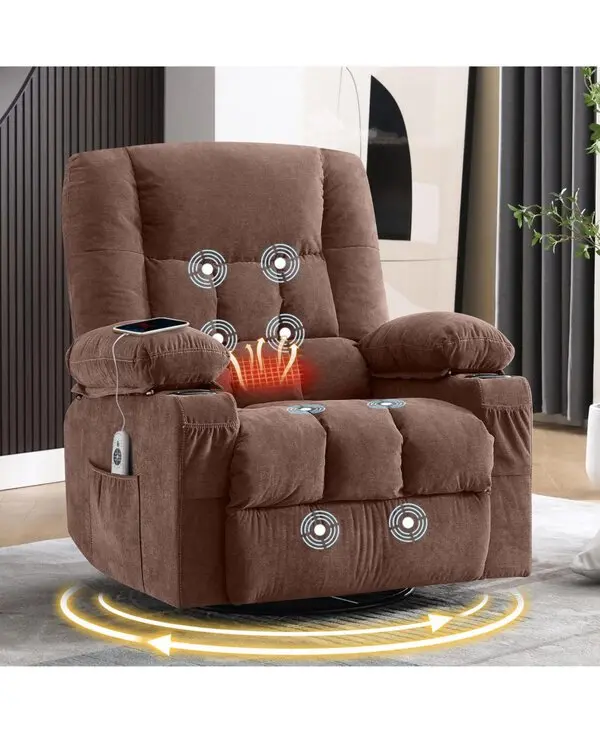 CLIHOME Massage Swivel Rocker Recliner Chair And Heat Ergonomic Lounge Chair For Living Room With Rocking Function And Side Pocket - Brown