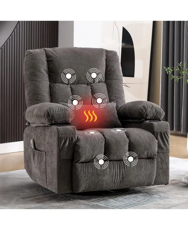CLIHOME Massage Swivel Rocker Recliner Chair And Heat Ergonomic Lounge Chair For Living Room With Rocking Function And Side Pocket - Grey