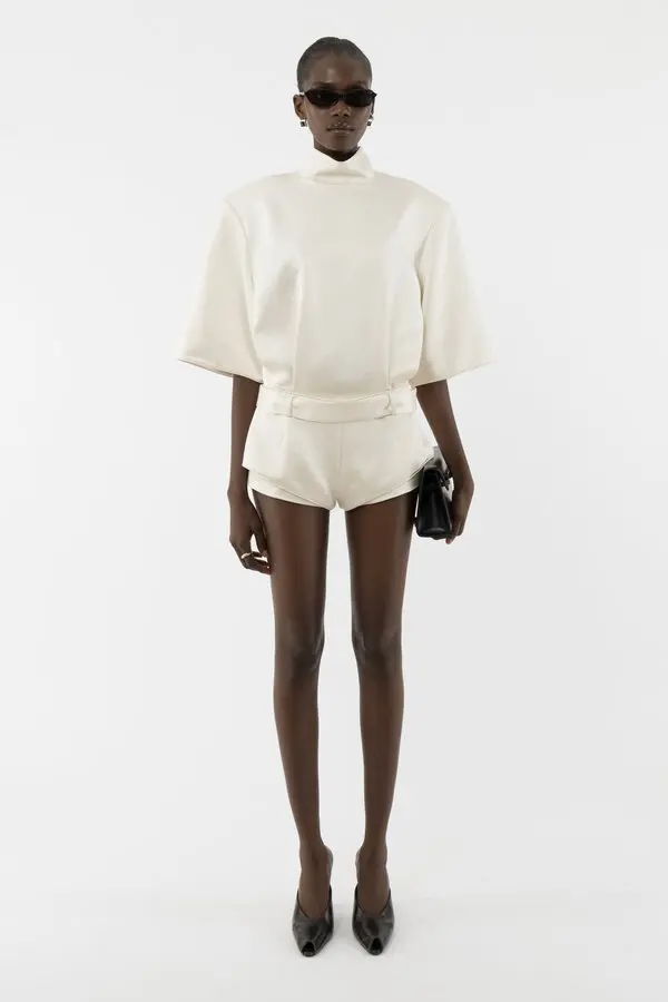 Arakii Tailored Boxy Playsuit With Twin Collar Shorts - Creme White