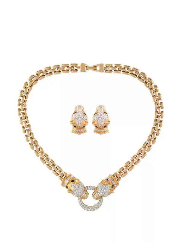 SUSAN CAPLAN 1980s Panther Motif Necklace And Clip-on Earrings Set - Gold